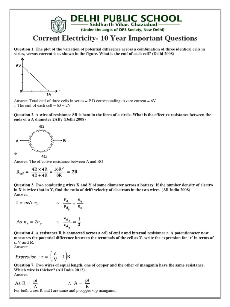 Current Electricity Important 10 Year Questions | PDF | Electrical ...