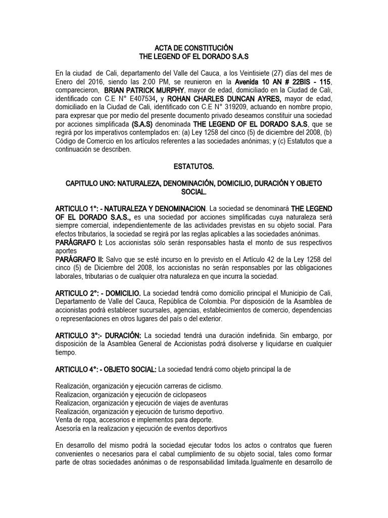 ACTA DE CONSTITUCIÓN SOCIEDAD THE LEGEND OF EL DORADO SASok | PDF ...