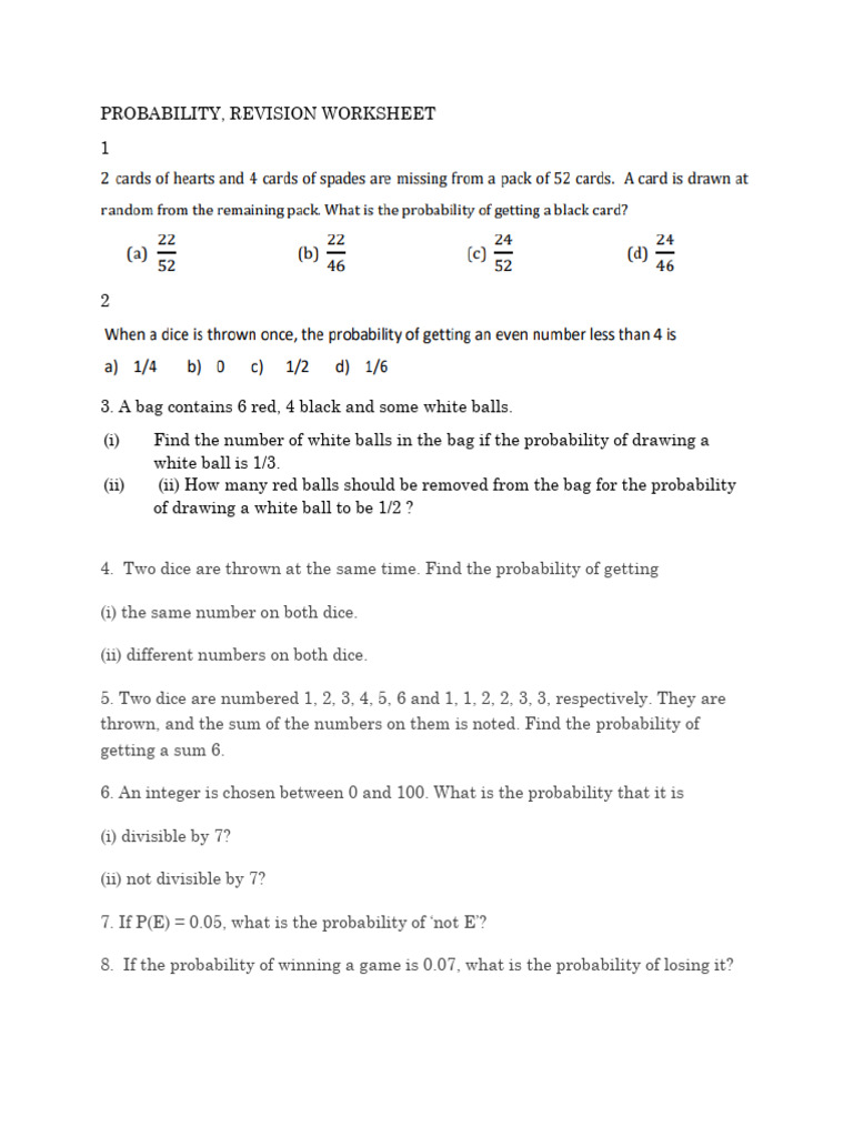 Probability Revision Worksheet | PDF