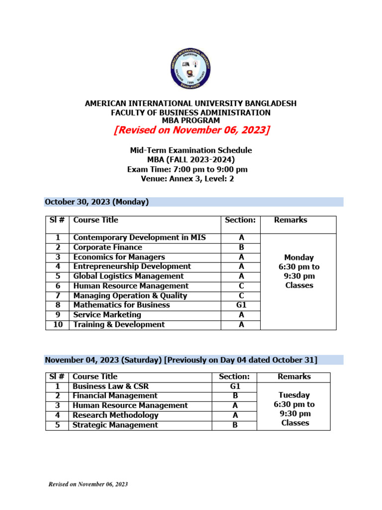 Revised Mba Mid Term Exam Schedule of Fall 2023 24 (Nov. 06) | PDF ...