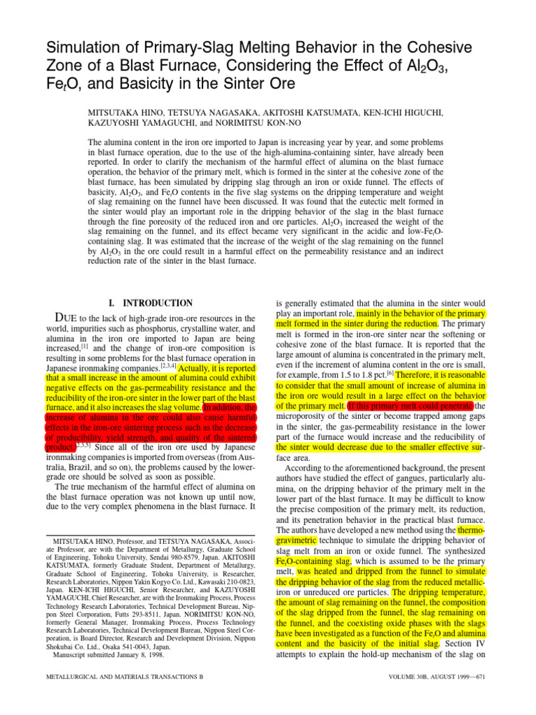 Primary Slag Melting Behavior With Feo and Al2o3 | PDF | Iron | Blast ...