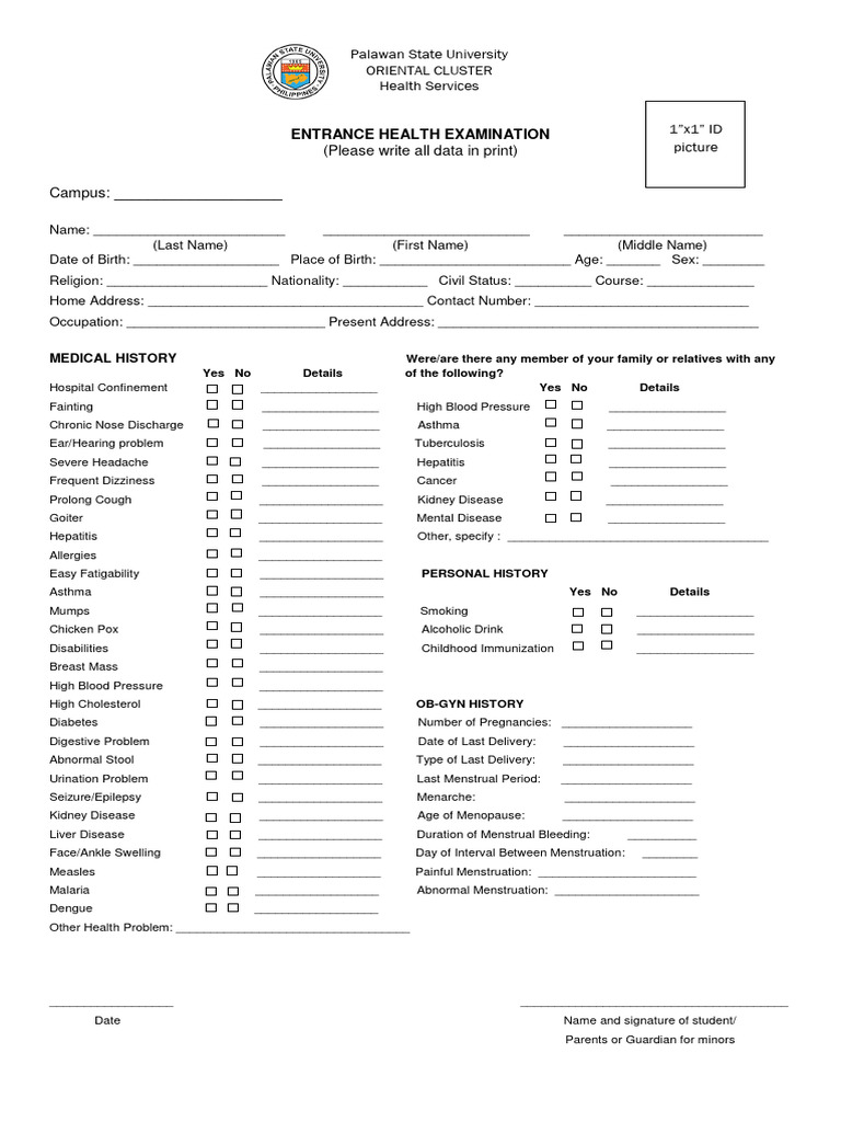 Entrance Health Examination Form 1 | PDF | Menstruation | Hepatitis