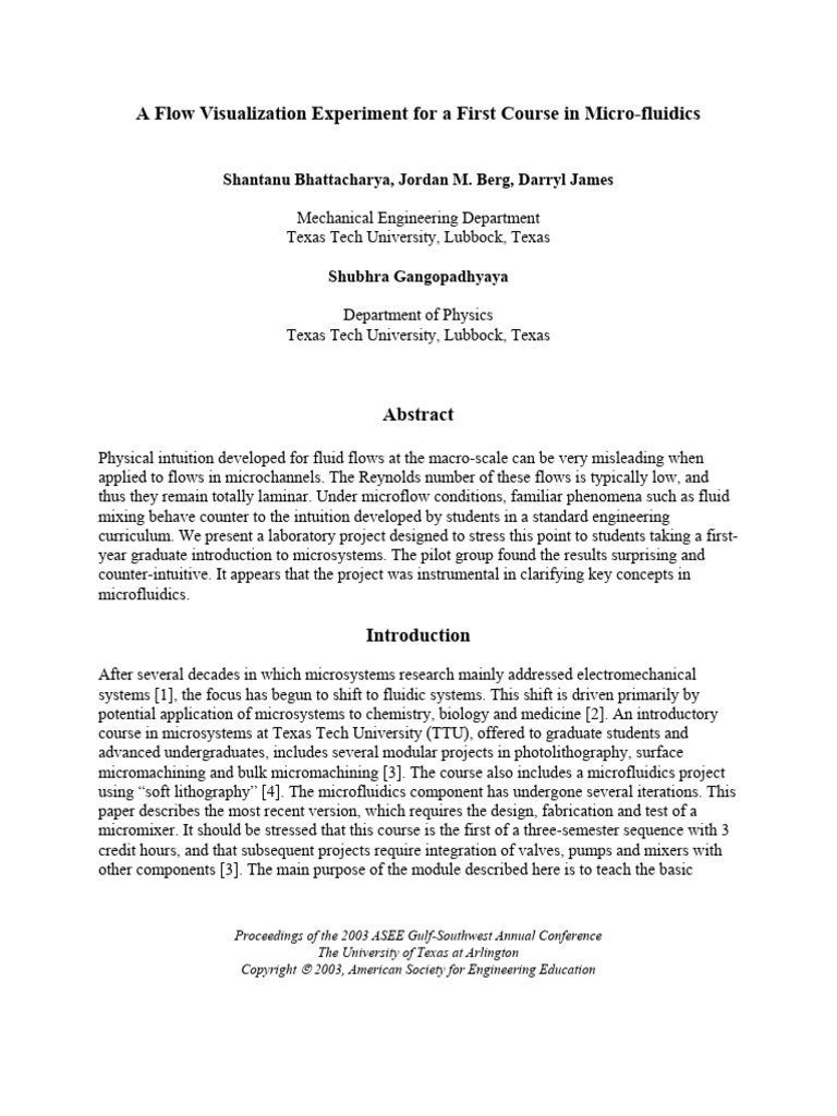A Flow Visualization Experiment For A First Course in Micro Fluidics | PDF