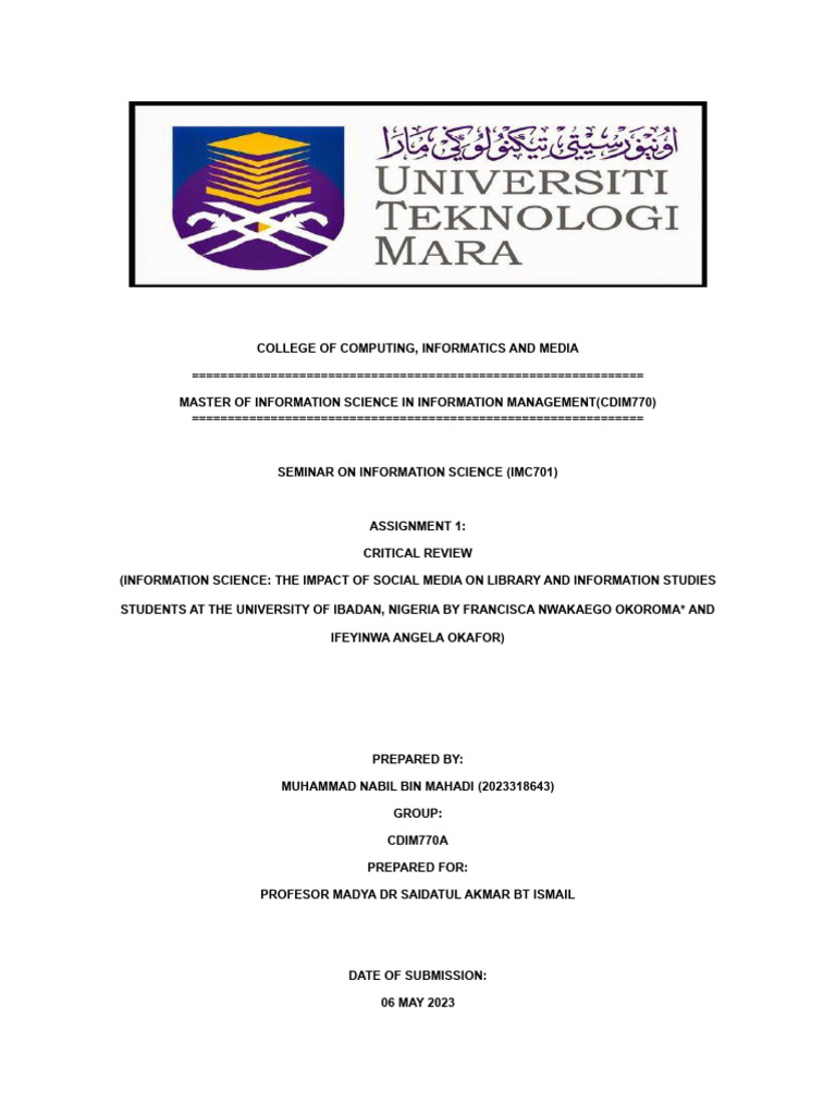 Assignment 1 (Critical Review) Muhammad Nabil Bin Mahadi 2023318643 Cdim770a | PDF | Social ...