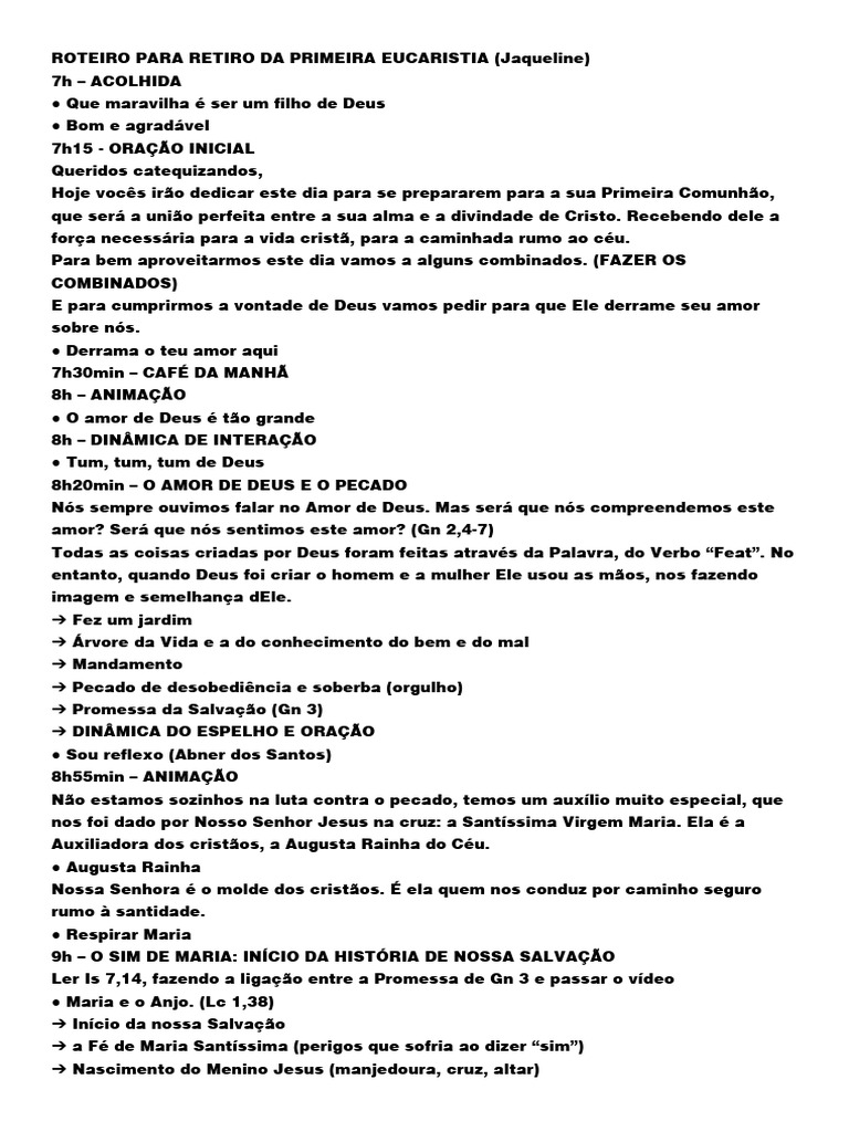 Roteiro para Retiro Da Primeira Eucaristia | PDF