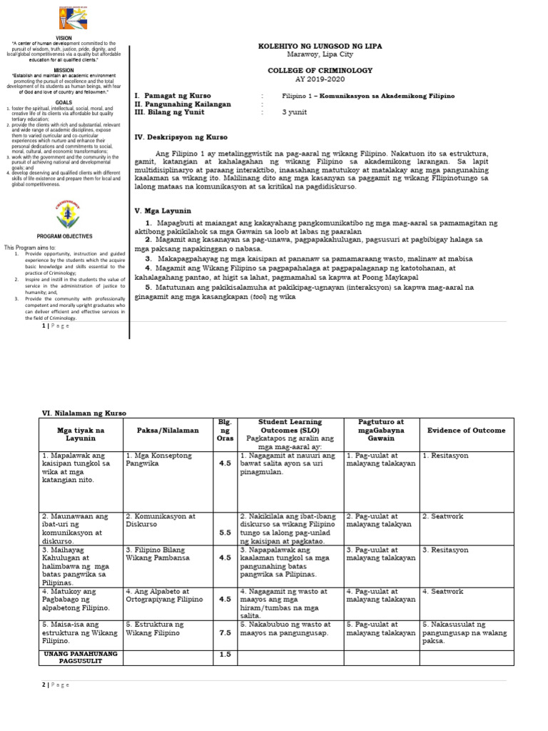 Fil 101 Syllabus | PDF