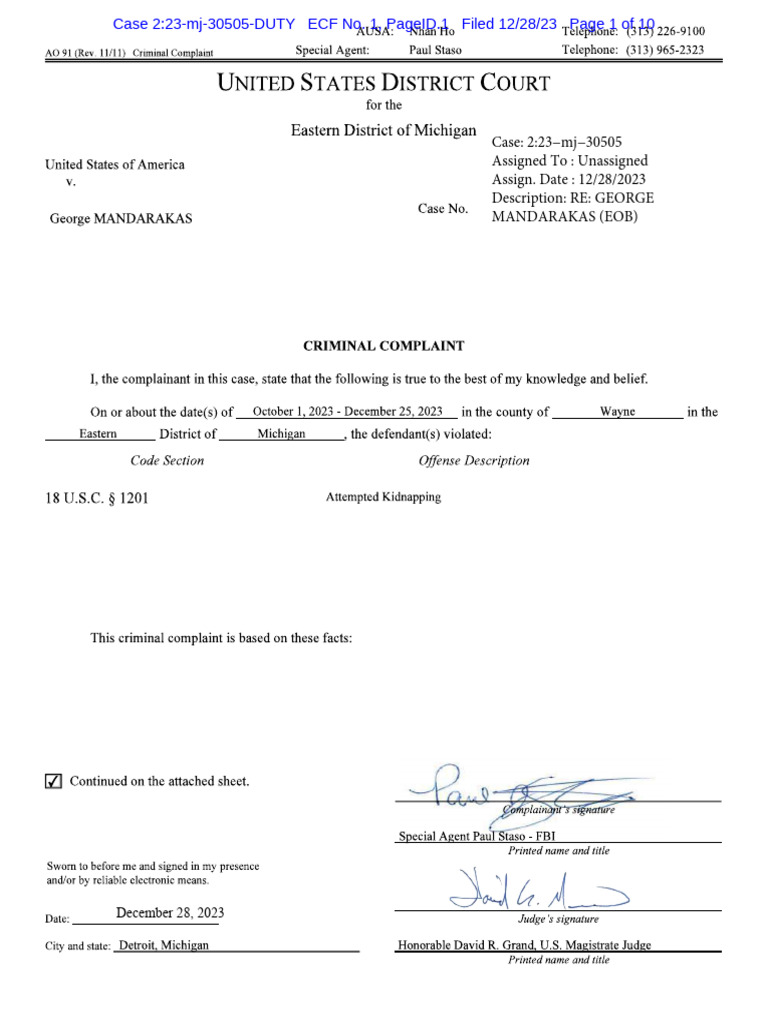 FBI Affidavit: George Mandarakas Kidnapping Case | PDF