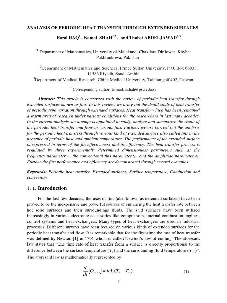 Kazal HAQ, Kamal Sha, Analysis of Periodic Heat Transfer Through Extende | PDF | Heat Transfer ...