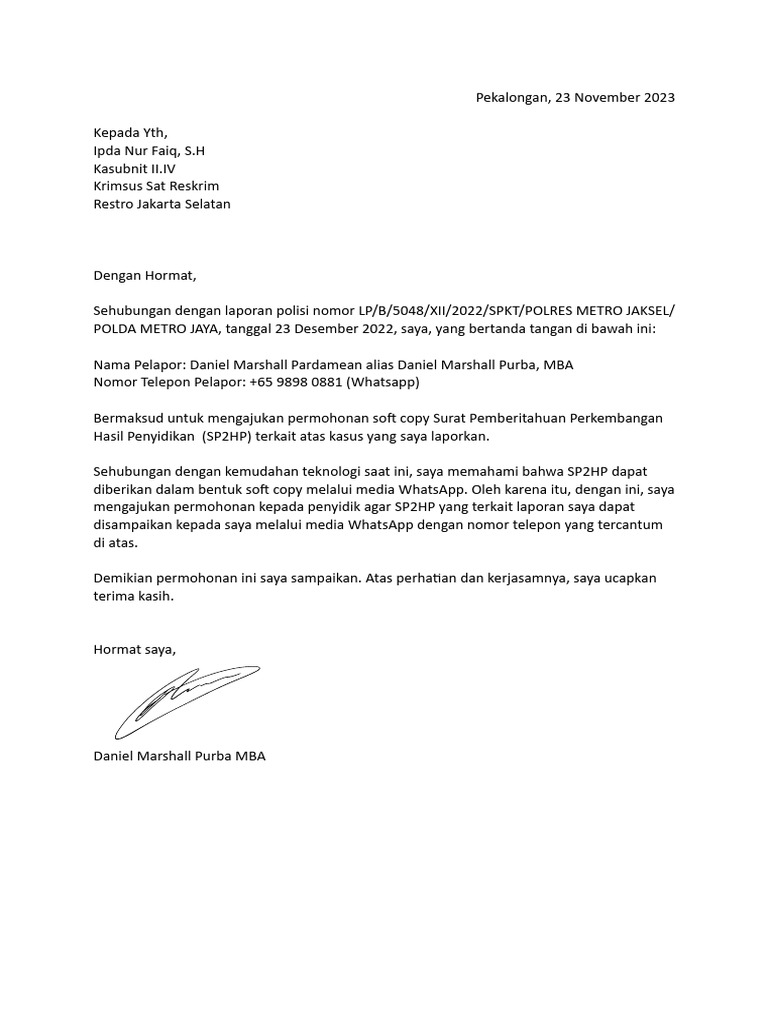 Surat Permohonan Permintaan SP2HP | PDF | Hukum