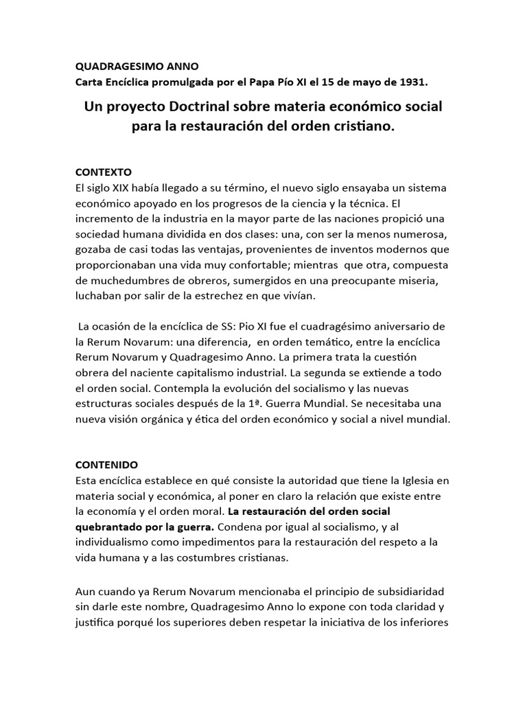 Quadragesimo Anno: Doctrina Social Cristiana | PDF | Teorías políticas ...