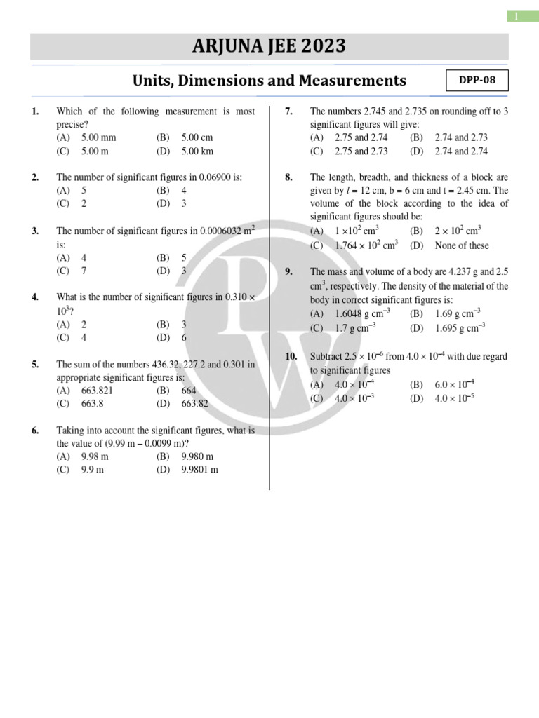 Units, Dimensions and Measurements - DPP 08 (Of Lec 10) | PDF ... Units, Dimensions and Measurements - DPP 08 (Of Lec 10) | PDF ...