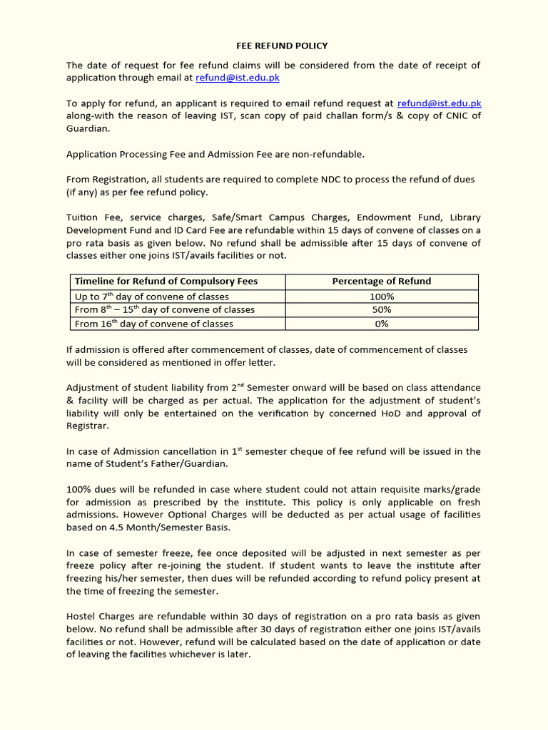 Fee Refund Policy - Fall 2023 | PDF | Fee | Payments