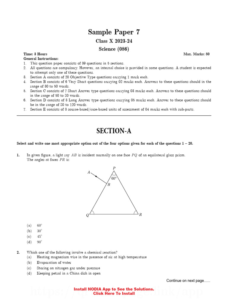 SC Sample Paper 7 Unsolved | PDF | Science & Mathematics