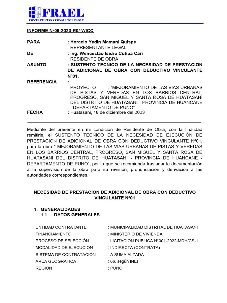 Informe #09 - Necesidad de Adicional de Obra | PDF | Presupuesto