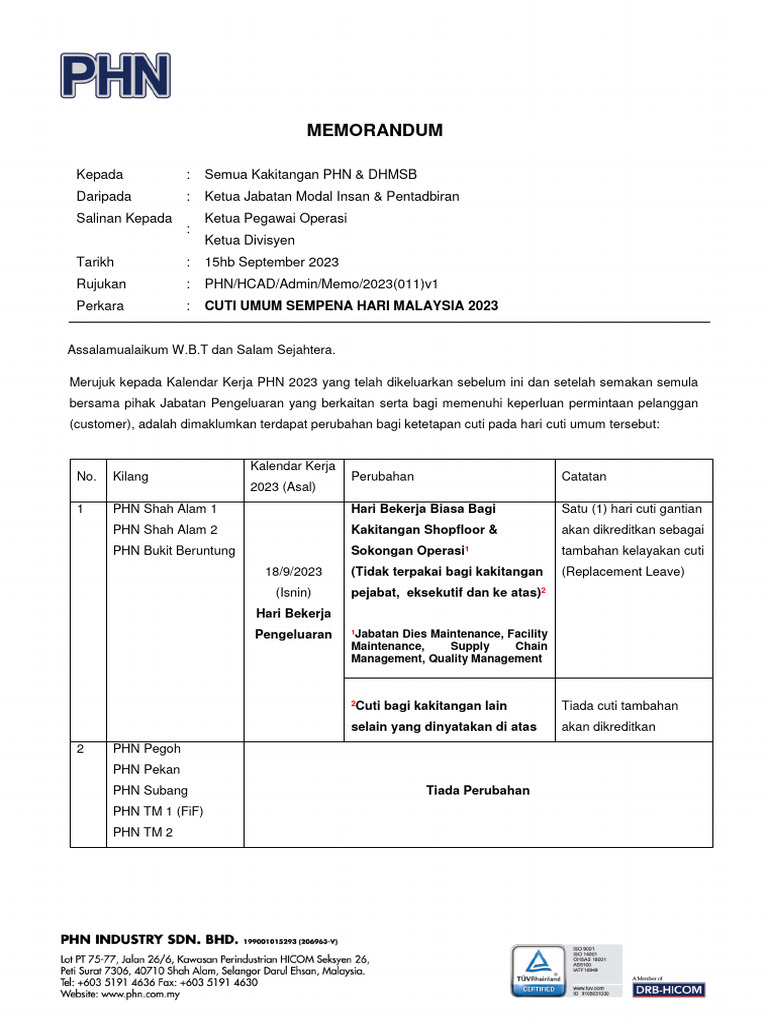 011 MEMO - CUTI UMUM SEMPENA HARI MALAYSIA v1 | PDF