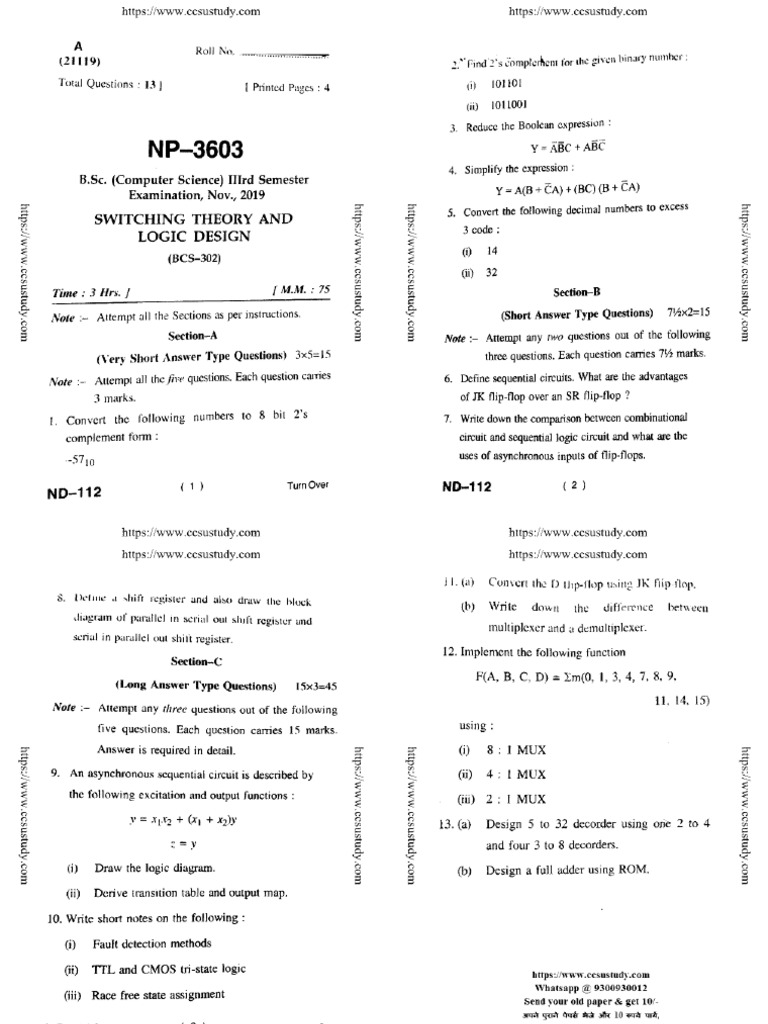 BSC 3 Sem Cs Switching Theory and Logic Design NP 3603 Nov 2019 | PDF