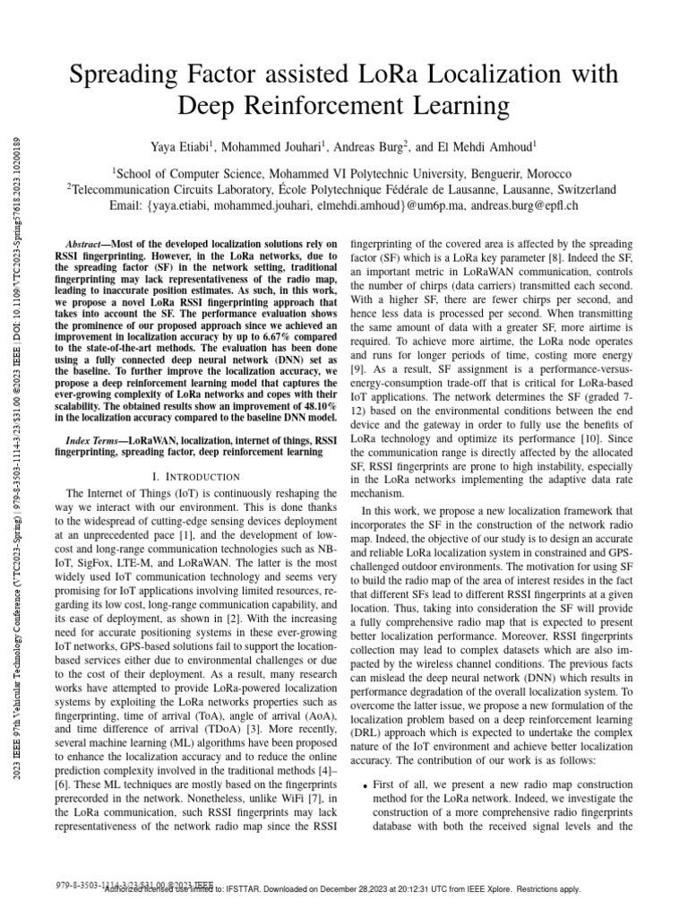 Spreading Factor Assisted LoRa Localization With Deep Reinforcement Learning | PDF | Internet Of ...