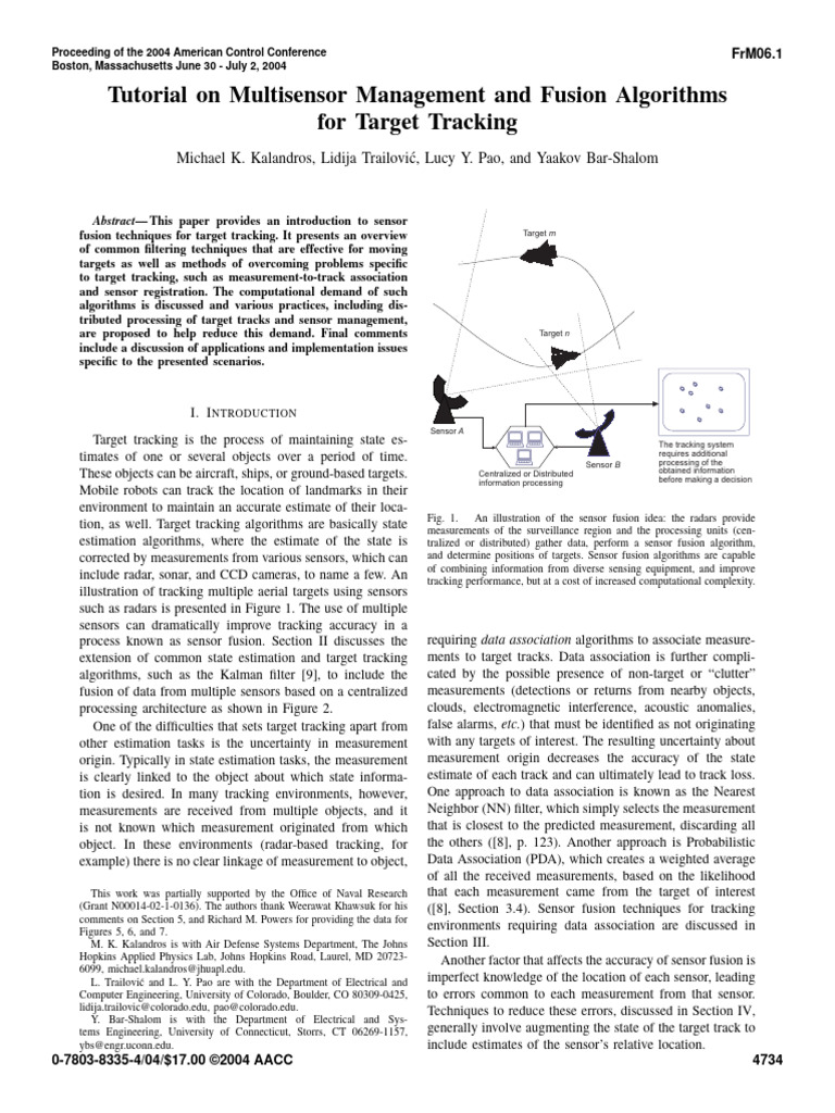 Tutorialon Multisensor Managementand Fusion Algorithmsfor Target Tracking Pdf Kalman Filter