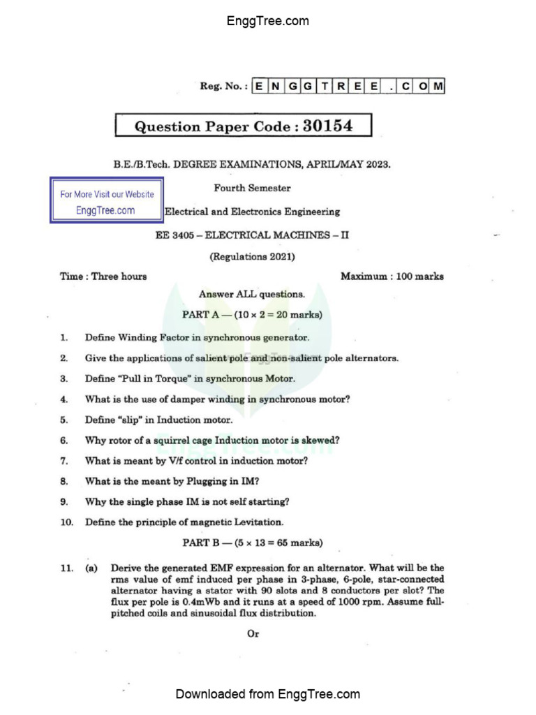 EE3405 Electrical Machines II Apr May 2023 Question Paper Download | PDF