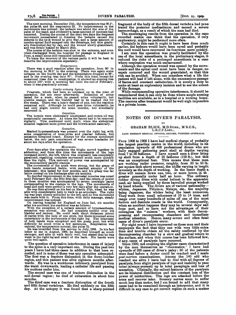 1909 BMJ - Notes On Diver's Paralysis (Blick) | PDF | Clinical Medicine ...
