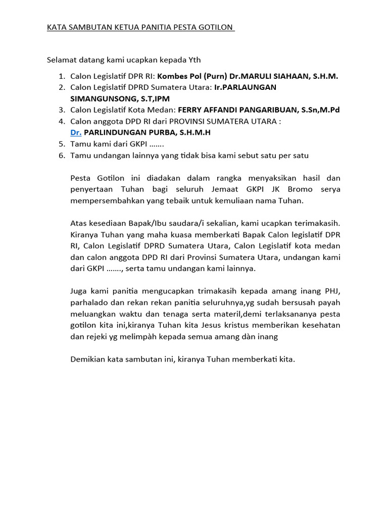 Kata Sambutan Ketua Panitia Pesta Gotilon | PDF