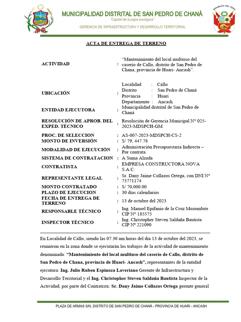 Acta de LDT - Ss. Hh. | PDF