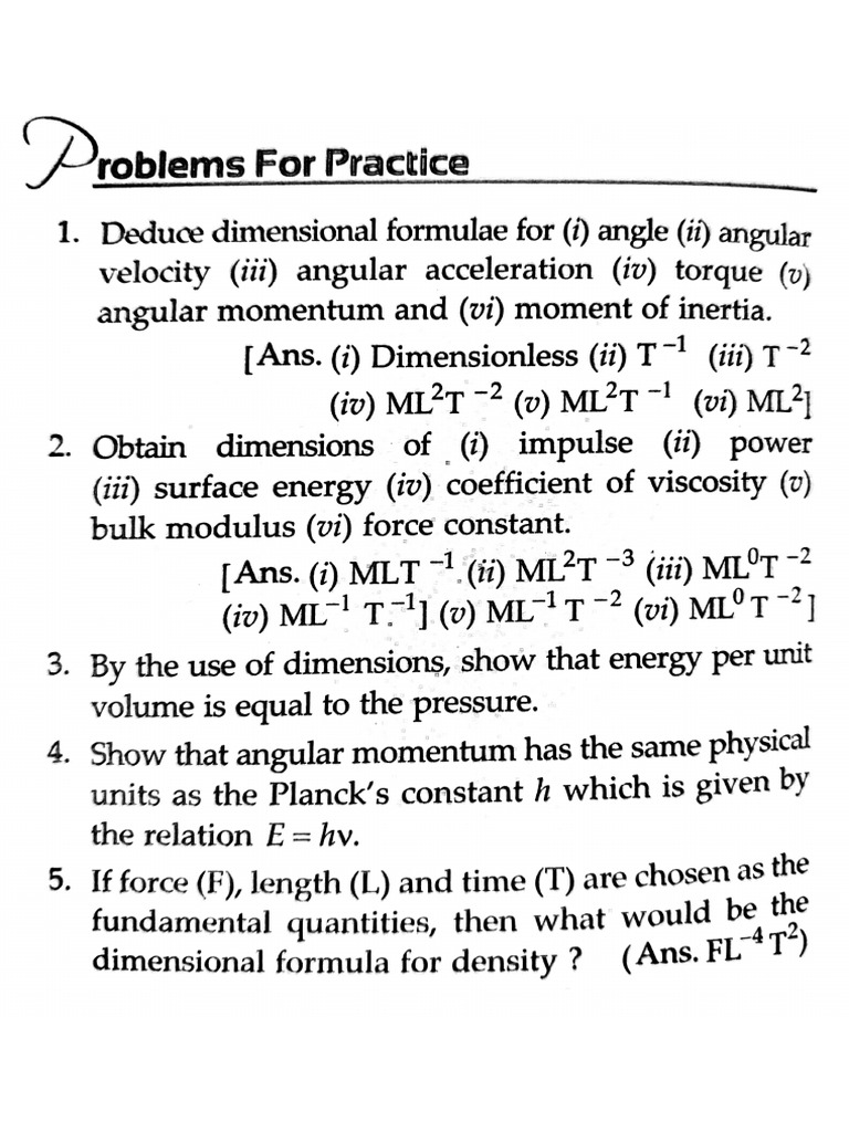 Units and Dimensions - Problems For Practice | PDF