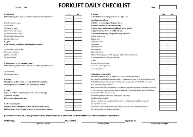 Forklift Checklist | PDF | Forklift | Land Vehicles