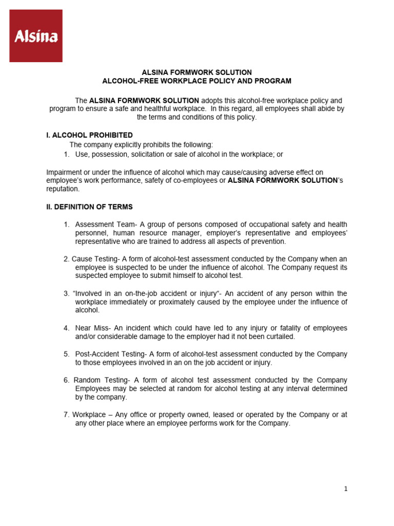 Alcohol-Free Workplace Policy Guide | PDF