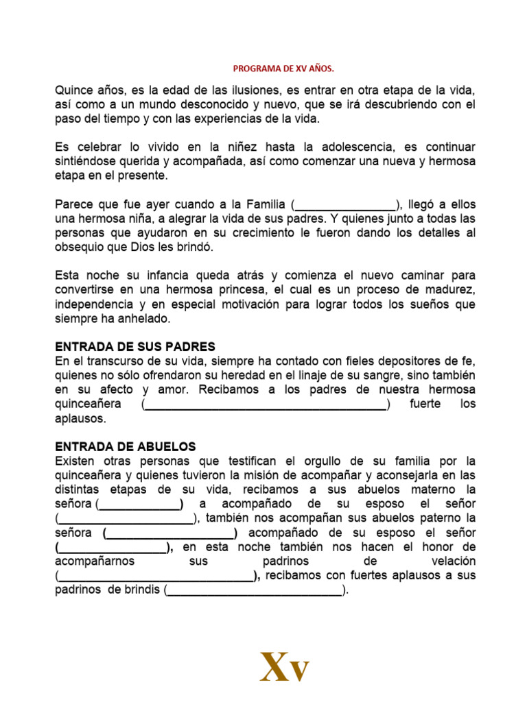 Entrada de Sus Padres: Programa de XV Años | PDF