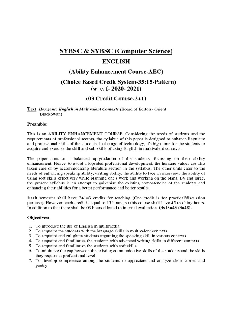 S.Y.B. SC-BCS - English-Syllabus-2020-2021 - 06.072020 | PDF | Course ...