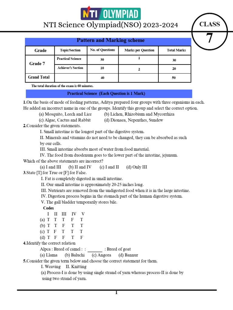 NTI OLYMPIAD Science Class 7 2023 | PDF | Blood | Breathing