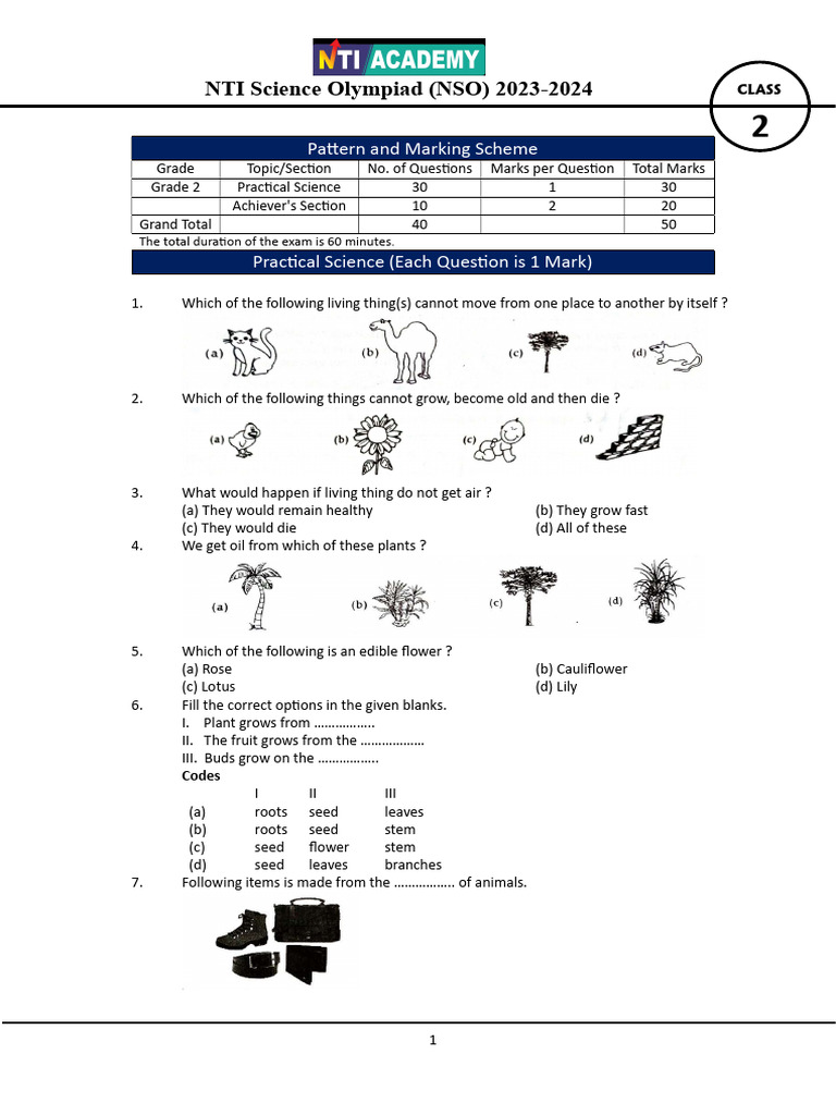 Class 2 Science Olympiad Sample Paper | PDF | Teaching Methods & Materials