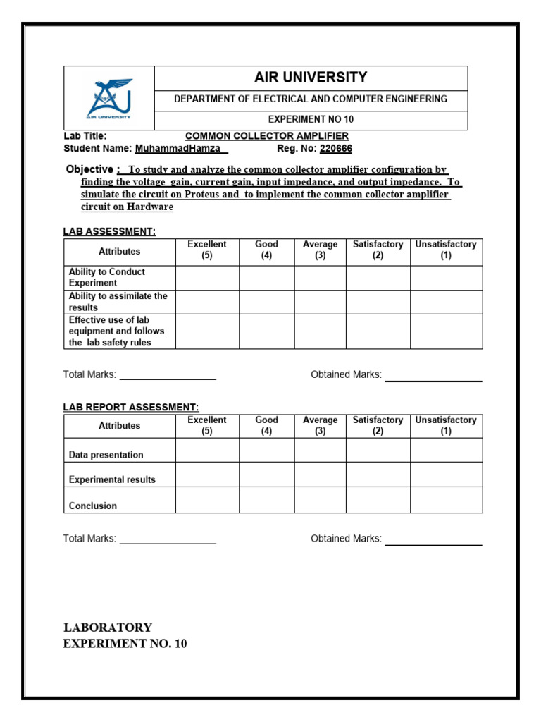 220666-Hamza-Analogue Lab #10 | PDF | Amplifier | Bipolar Junction Transistor