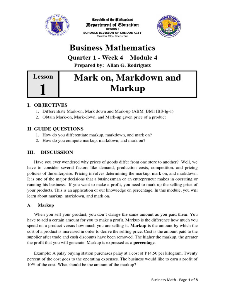 Business Math Q1 W4 M4 LDS Markup Markdown and Mark On ALG RTP | PDF ...