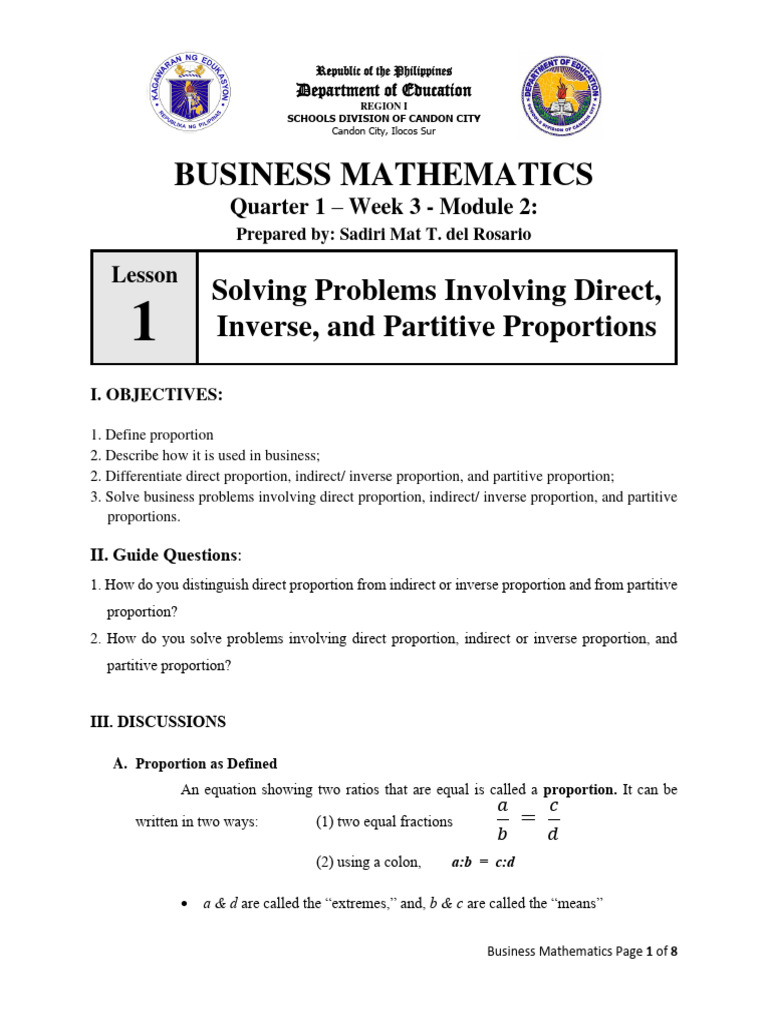Business-Math Q1 W3 M3 LDS Proportions ALG RTP | PDF | Ratio | Equations