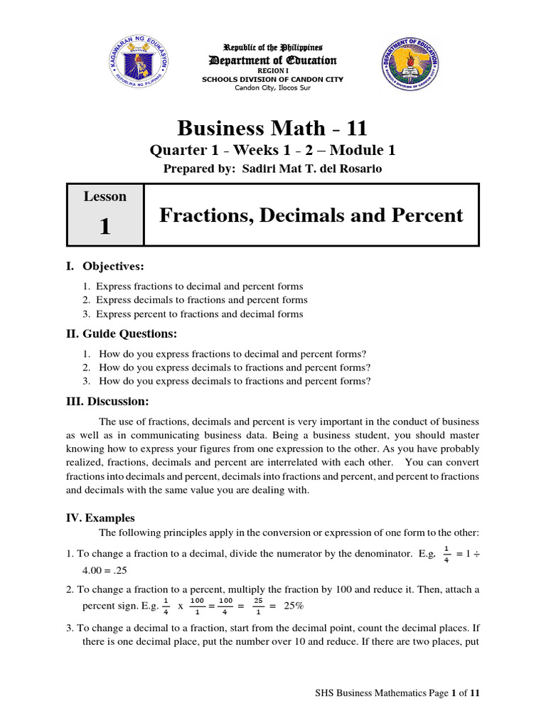 Business-Math Q1 W1-2 M1 L1-3 LDS Fractions Decimals-Percentages JRA-RTP | PDF | Decimal | Numbers