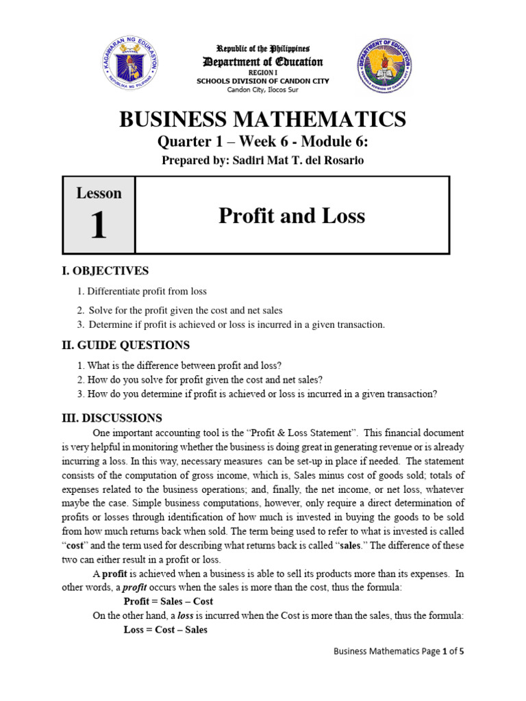 Business-Math - Q1 - W6 - M6 - LDS - Profit and Loss - ALG - RTP | PDF | Finance & Money Management