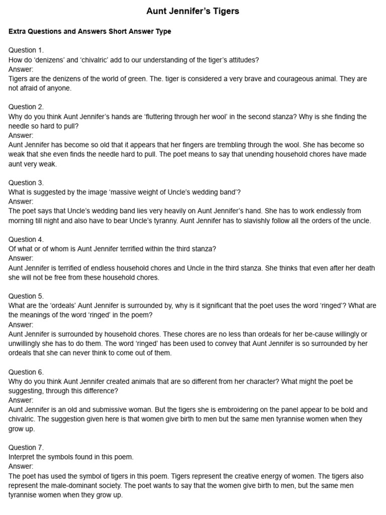 Aunt Jennifer's Tigers: Key Questions & Answers | PDF