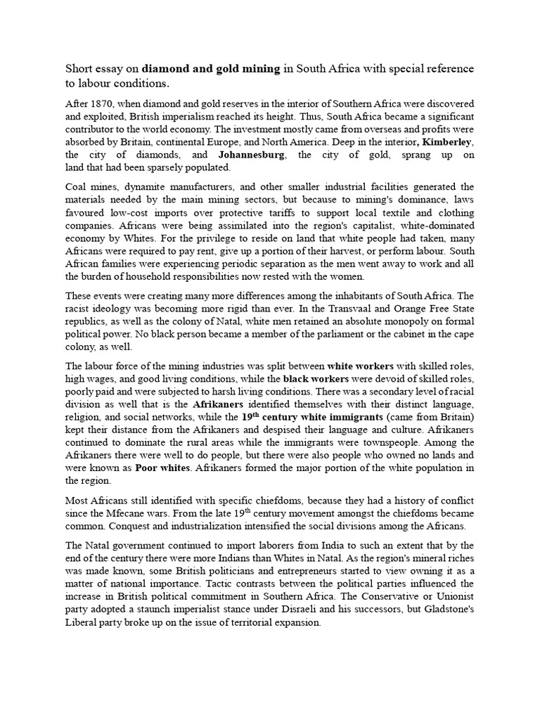 Short Essay On Diamond and Gold Mining in South Africa With Special ...