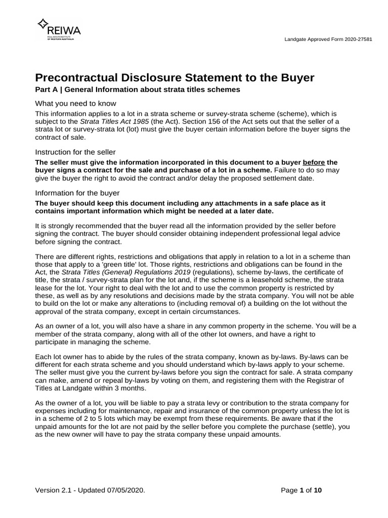 Precontractual Disclosure Statement To The Buyer | PDF