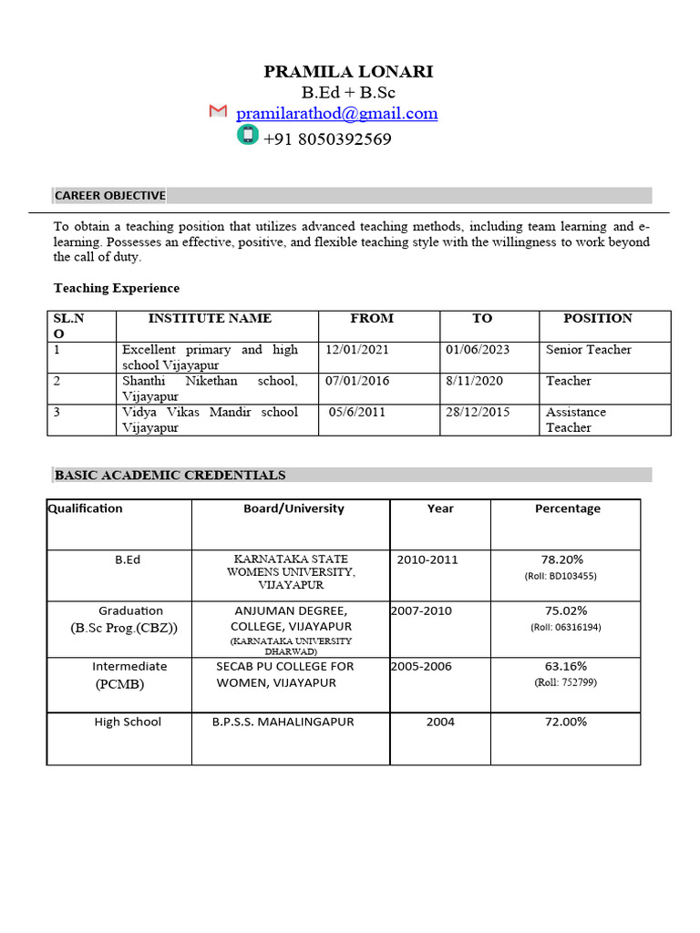 B Ed Graduate Sample Resume | PDF