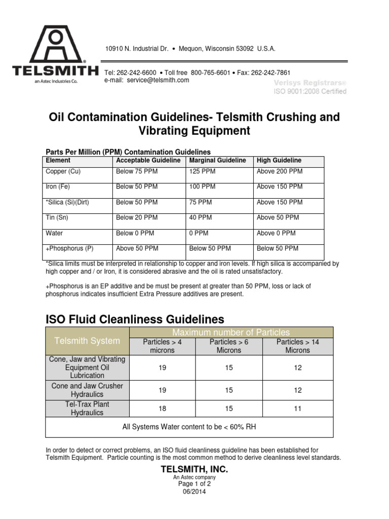 Telsmith Oil Contamination Guidelines | PDF | Materials | Physical Sciences