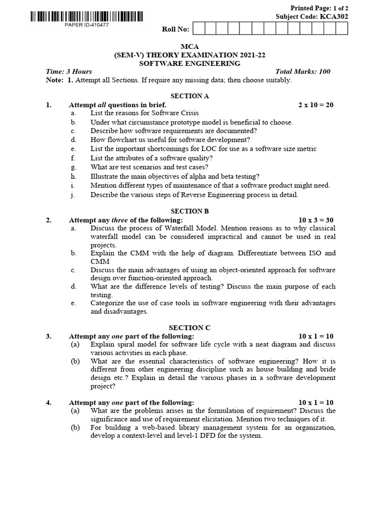 Mca 5 Sem Software Engineering Kca302 2022 | PDF