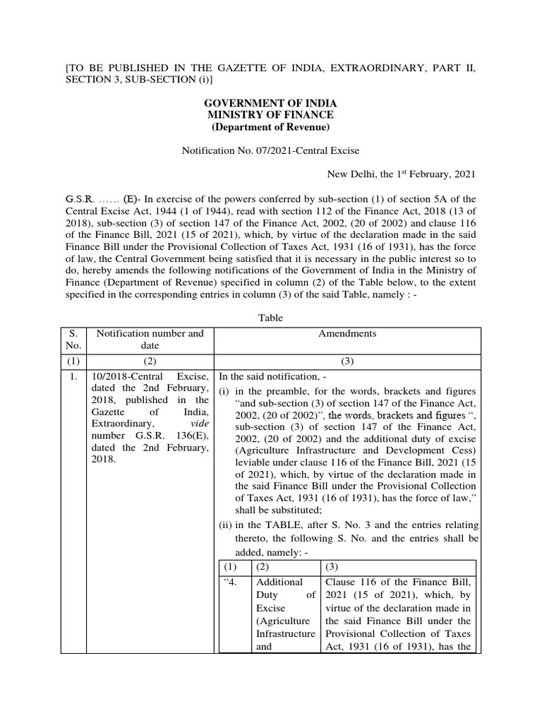 Notification No. 07-2021-Central Excise | PDF | Excise | Taxation