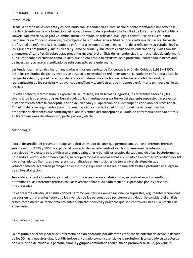 Ensayo Sobre El Cuidado de La Enfermeria, Hecho Por Estudiante Del ... Ensayo Sobre El Cuidado de La Enfermeria, Hecho Por Estudiante Del ...