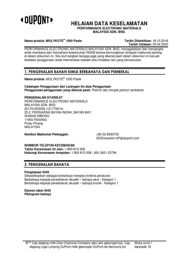 Molykote 1000 MSDS Malay | PDF Molykote 1000 MSDS Malay | PDF