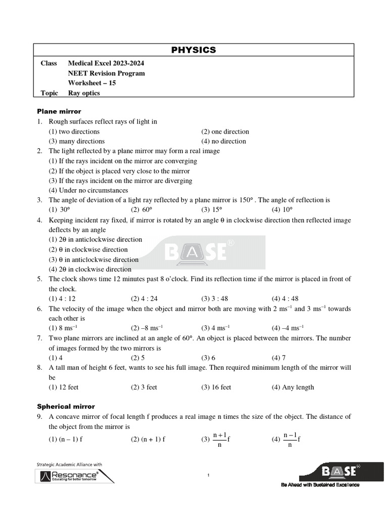 Worksheet 15 - Ray Optics | Download Free PDF | Optics ...