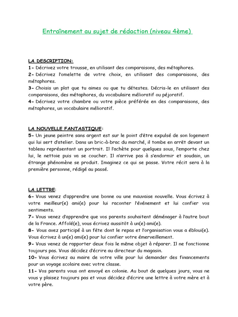 Sujets de rédaction pour la 4ème | PDF | Arts du langage et discipline
