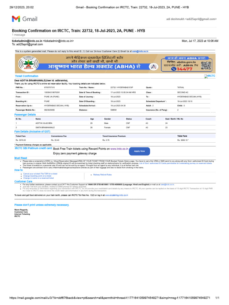 Gmail - Booking Confirmation On IRCTC, Train - 22732, 18-Jul-2023, 2A ...